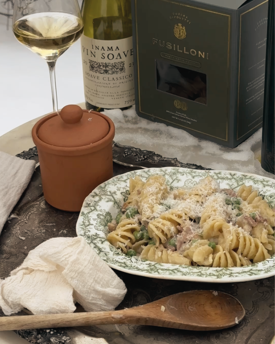 Fusilloni with Pancetta, Peas, and Pecorino – Cucina Cipoletti
